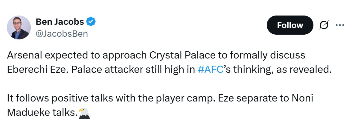 Chelsea watching as Arsenal "formally discuss" bid for Eberechi Eze