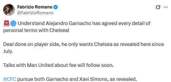 Chelsea one step away from Garnacho transfer, personal terms agreed