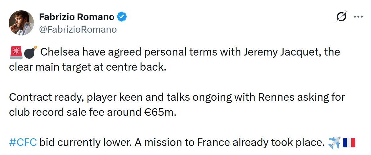 Romano: Chelsea "agreed personal terms" with Jeremy Jacquet